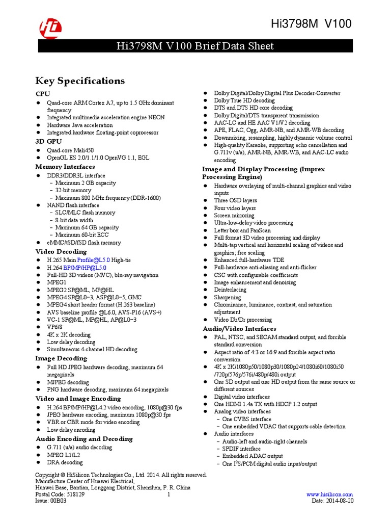 Hi3798M V100 Brief Data Sheet | PDF