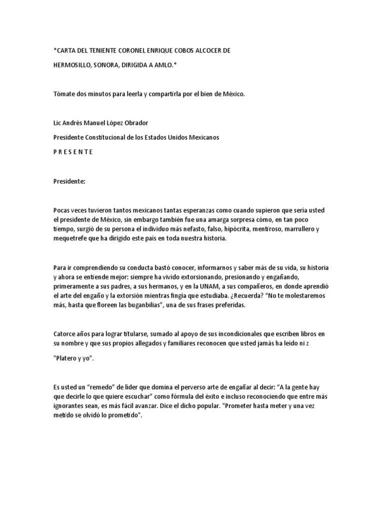 Carta Del Teniente Coronel Enrique Cobos Alcocer de | PDF | Politica de ...