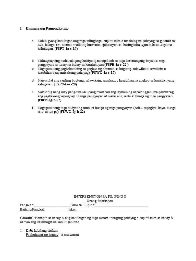 Worksheet Sa Filipino 8-Unang Markahan | PDF