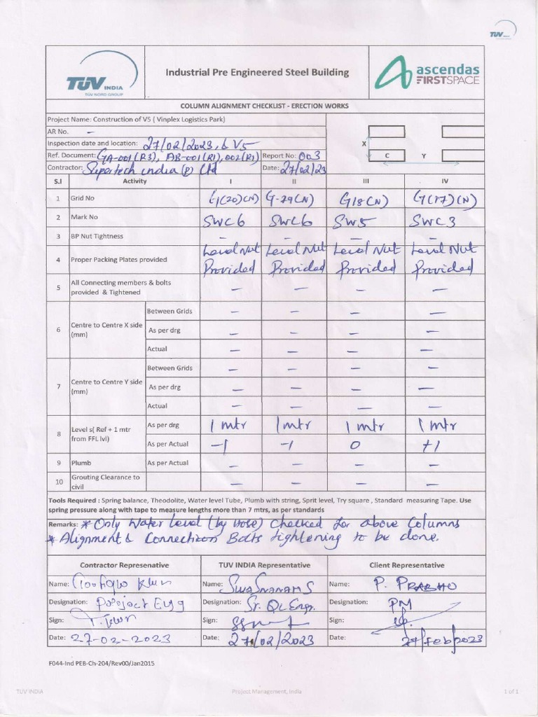 Column Checklist For Water Level From Grid A (19 To 14) and Grid N (20 ...