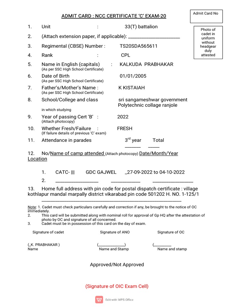 NCC Certificate 'C' Exam Admit Card | PDF