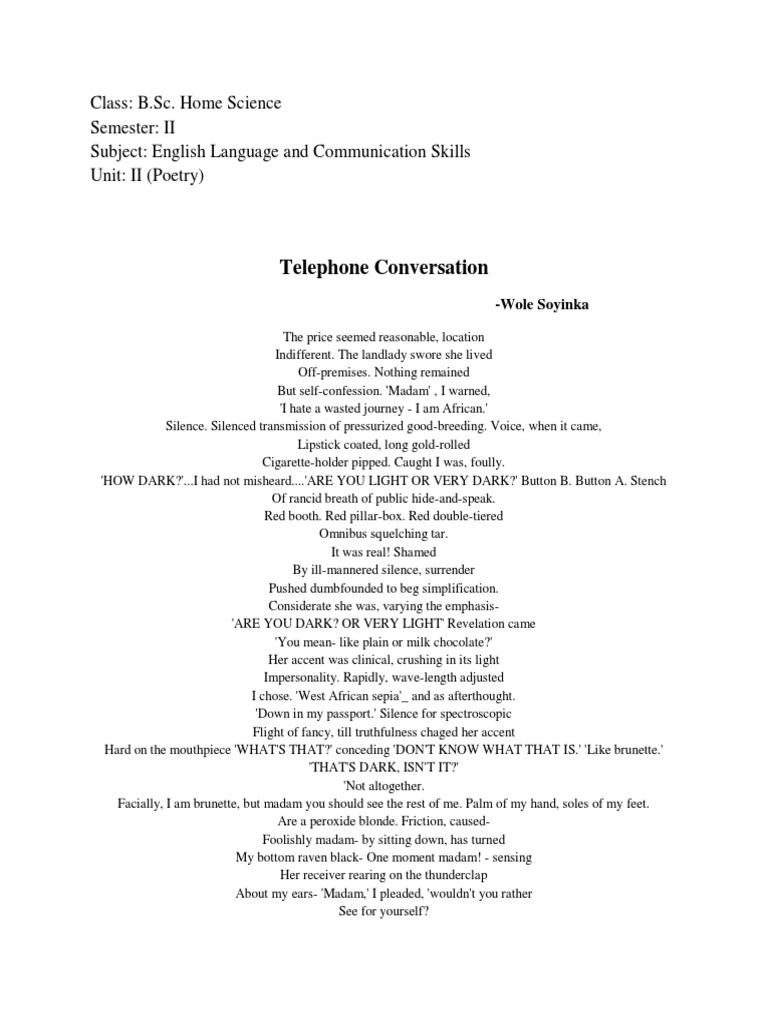 Telephone Conversation - Wole Soyinka | PDF | Racism | Discrimination ...