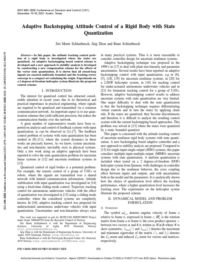 Adaptive Backstepping Attitude Control of A Rigid Body With State Quantization | PDF | Control ...