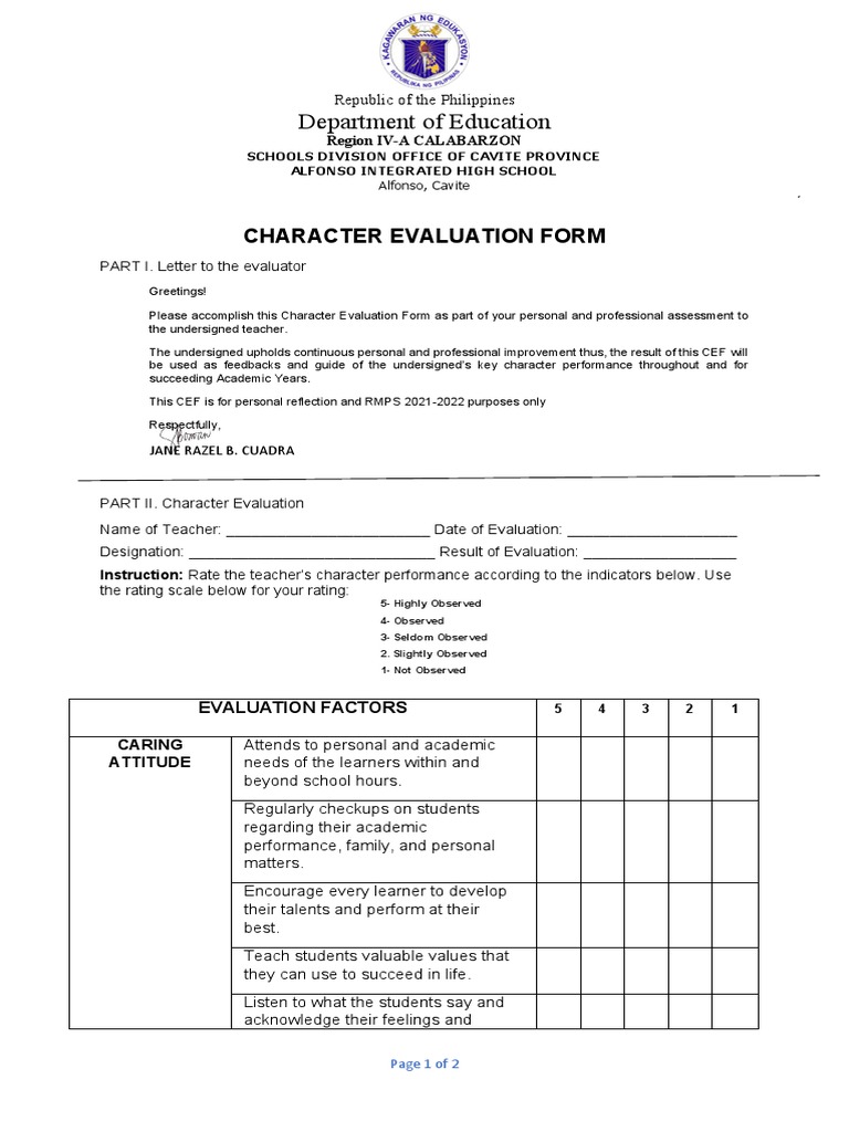 Character Evaluation Form for Teachers | PDF | Teachers | Psychological ...