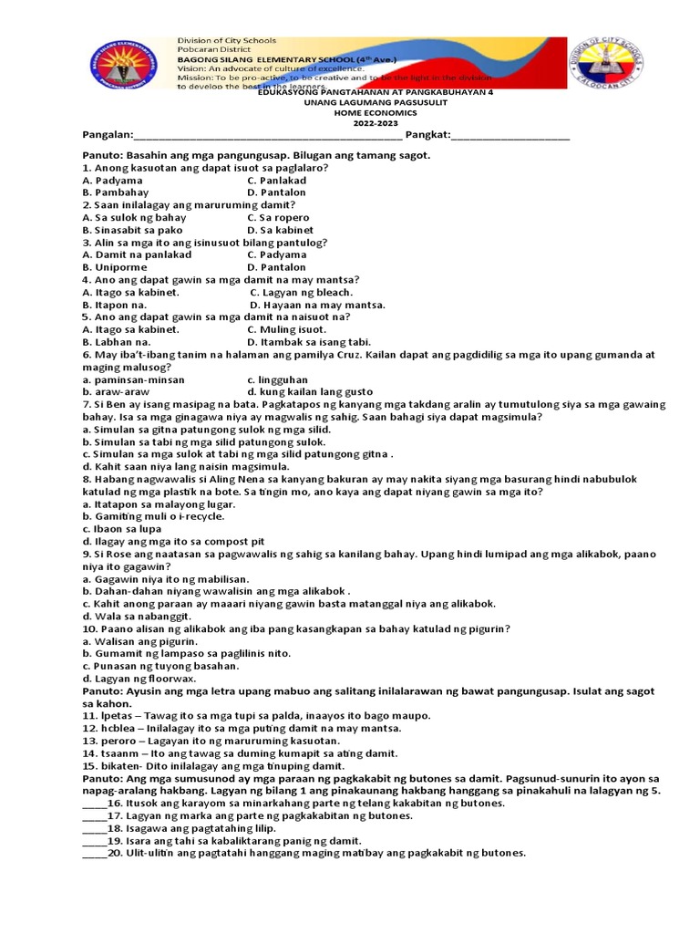 Epp4 Quarter 3 2022 2023 Summative Test Home Economics | PDF