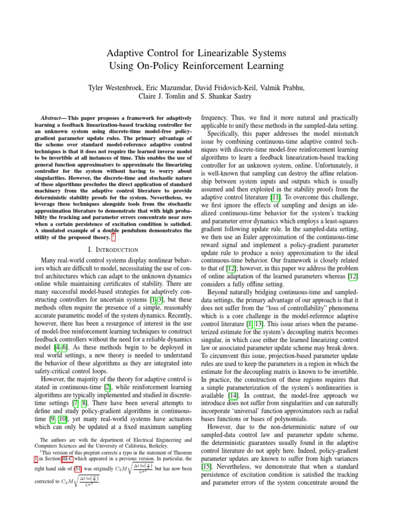 Adaptive Learning Feedback Linearization | PDF | Control Theory ...