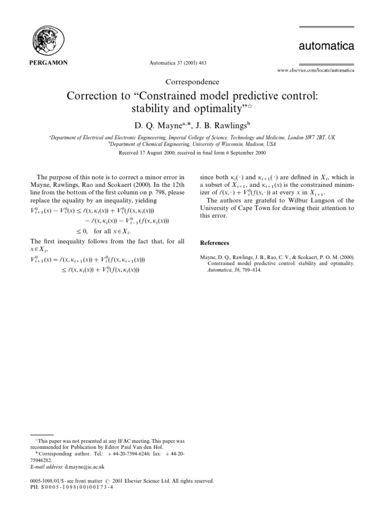 2000 Mayne Correction-Constrained Model Predictive Control Stability and Optimality | PDF ...