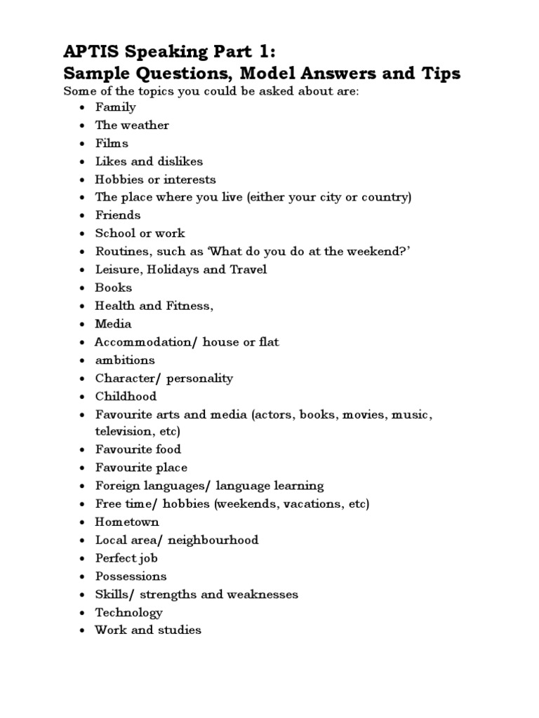 APTIS Speaking Part 1 Topic Bank | PDF | Leisure | Question APTIS Speaking Part 1 Topic Bank | PDF | Leisure | Question