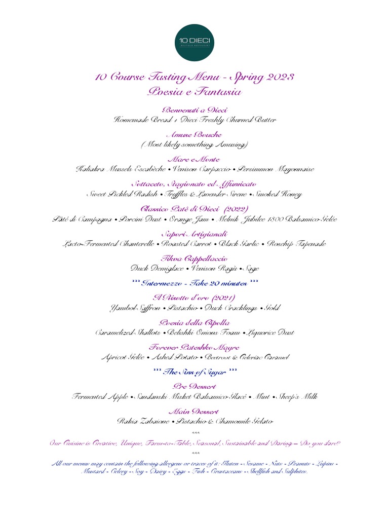 Dieci - 2023 Ten Course Spring Tasting Menu - PDF | PDF | Western ...