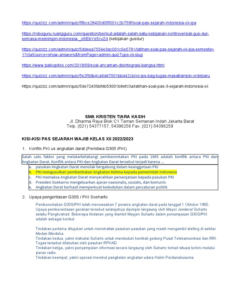 Kisi-Kisi PAS Sejarah Wajib Kelas XII | PDF | Politik