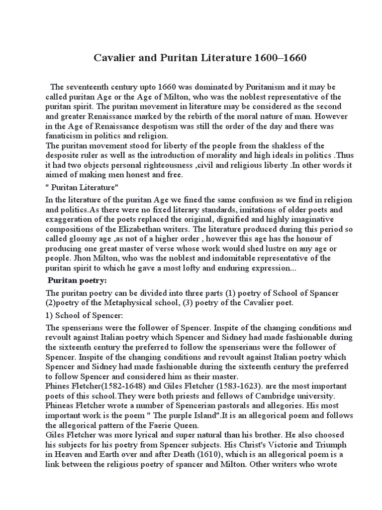 Puritan and Cavalier Literature Overview | PDF | John Milton