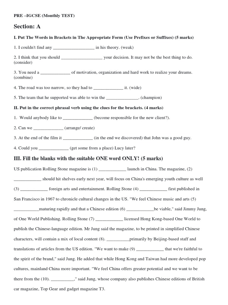 Pre-IGCSE English Practice Test | PDF