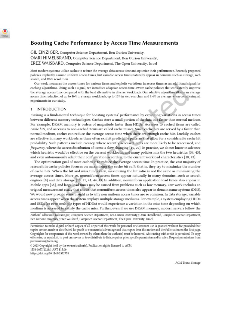 Boosting Cache Performance by Access Time Measurements: Gil Einziger, Omri Himelbrand, Erez ...