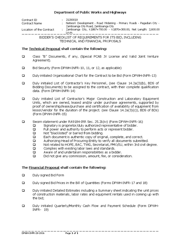 DPWH-INFR-20-2016 Bidder's Checklist 21J00019 | PDF | Lease | Economies
