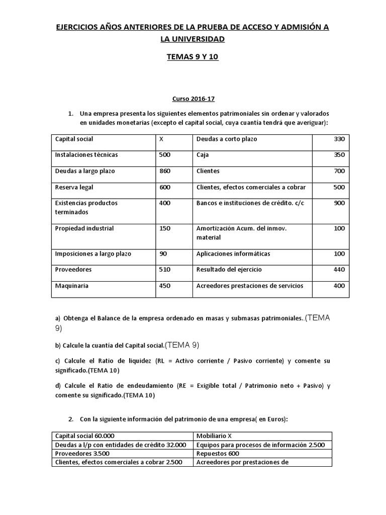 Ejercicios Selectividad Contabilidad-T 9 Y10 | PDF | Contabilidad | Hoja de balance
