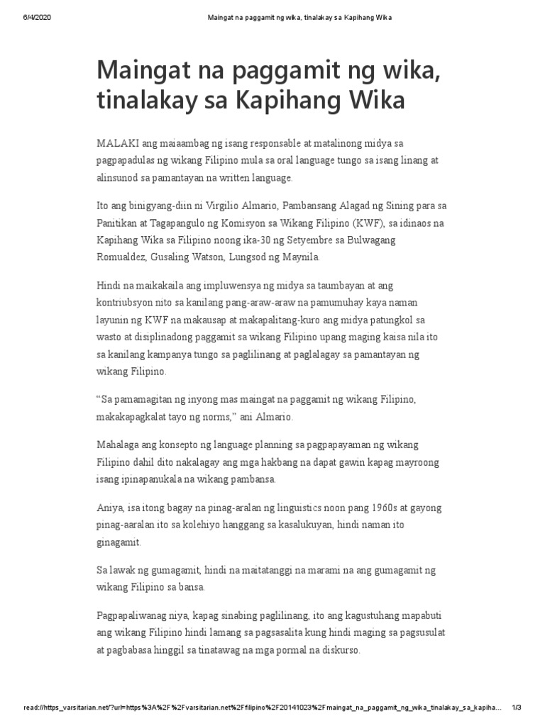 Maingat Na Paggamit NG Wika, Tinalakay Sa Kapihang Wika | PDF