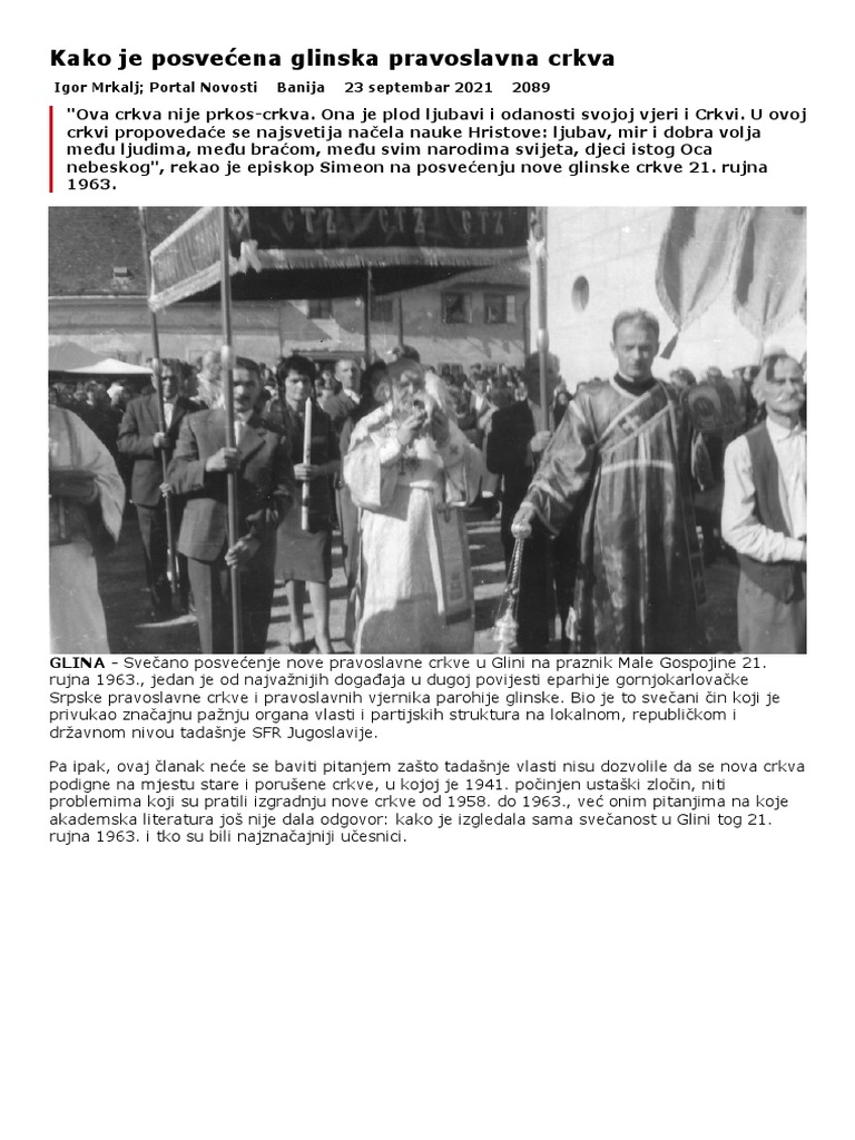 Kako Je Posvećena Glinska Pravoslavna Crkva | PDF
