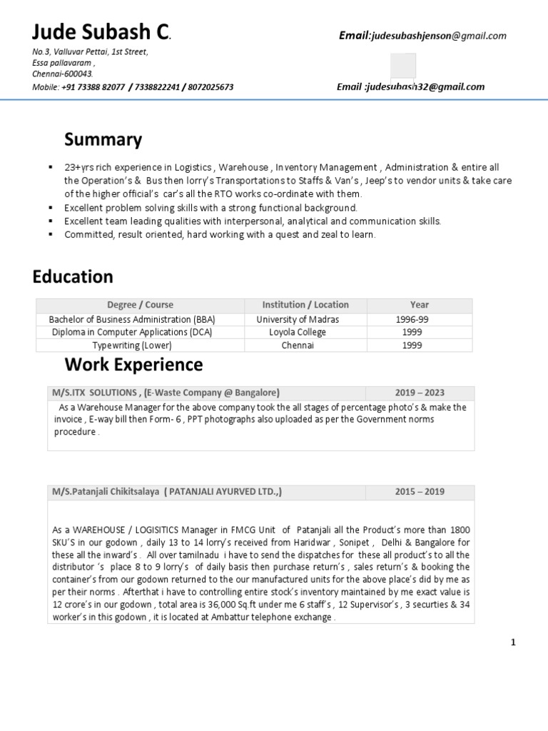 Resume-Jude Subash-4 GRMJUL | PDF | Warehouse | Business Process Resume-Jude Subash-4 GRMJUL | PDF | Warehouse | Business Process