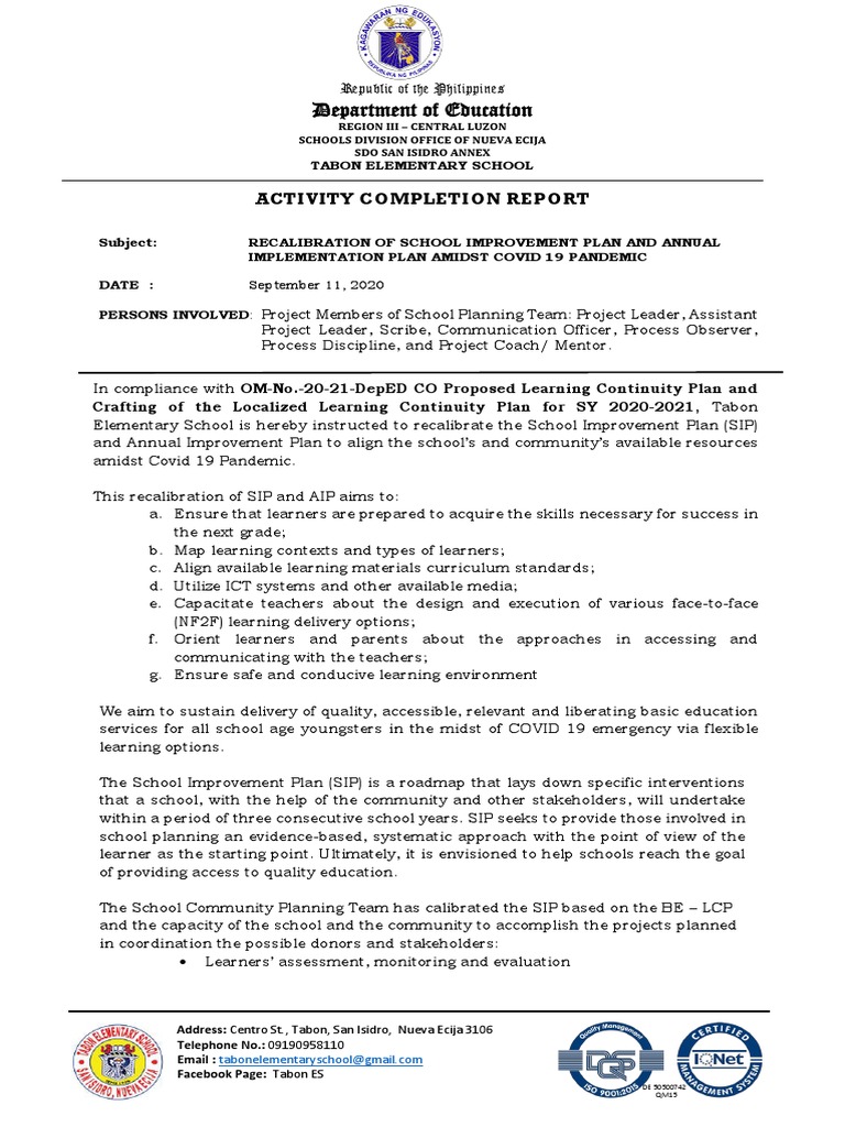 Activity Completion Report PDF | PDF | Learning | Schools