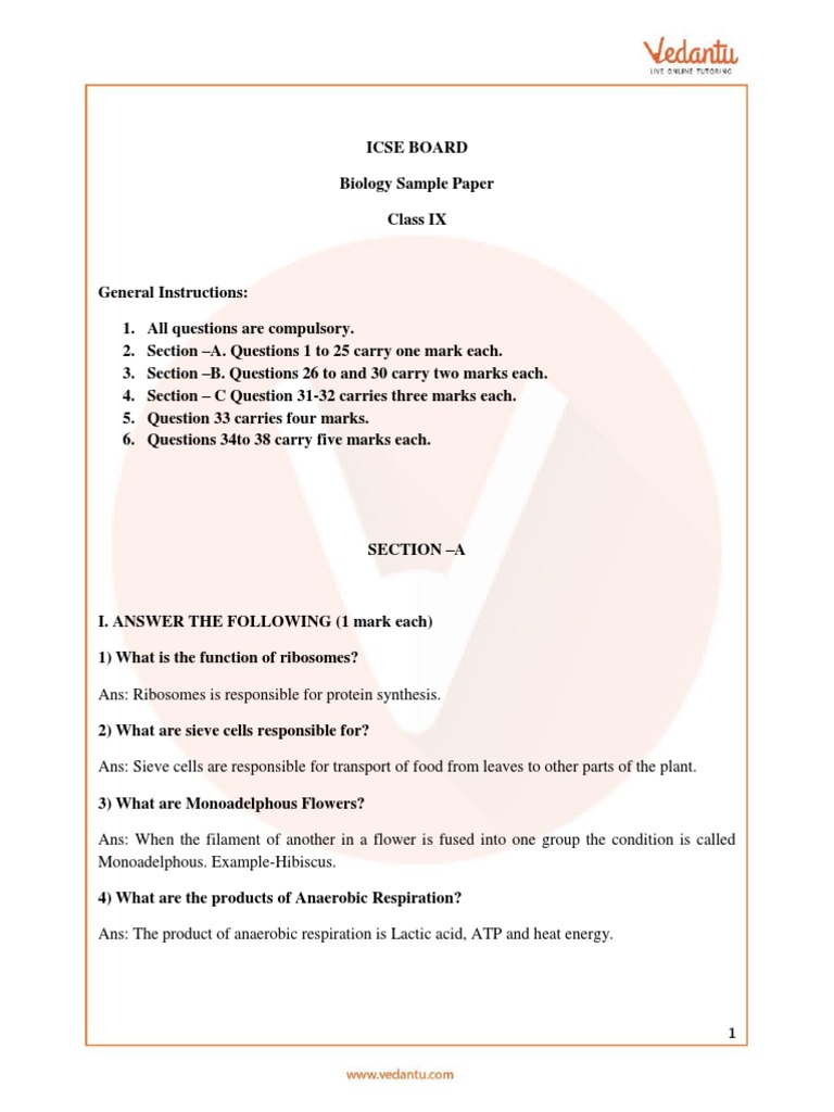 Class 9 ICSE Biology Sample Paper | PDF | Cell (Biology) | Mitochondrion