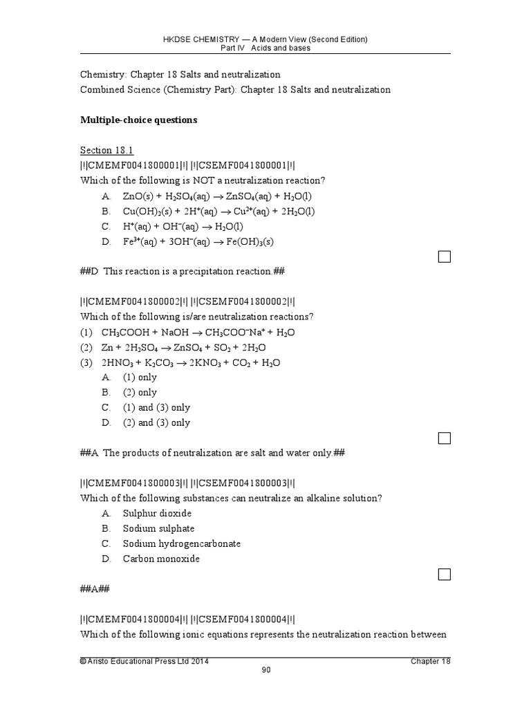 Chapter 18 Multiple-Choice Questions | PDF | Precipitation (Chemistry) | Hydroxide