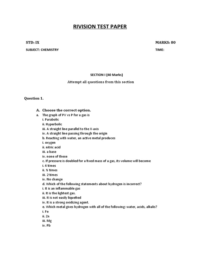 RIVISION TEST PAPER - Class 9 | PDF | Gases | Hydrogen