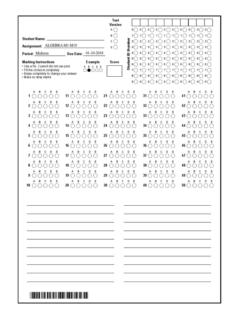 ALGEBRA Answer Sheet - M1-10 | PDF | Writing Implements | Stationery