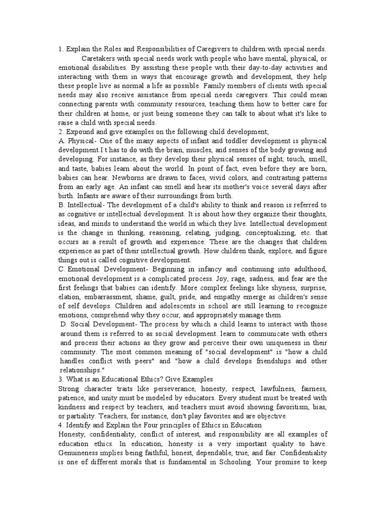 Explain The Roles and Responsibilities of Caregiver | PDF | Infants ...