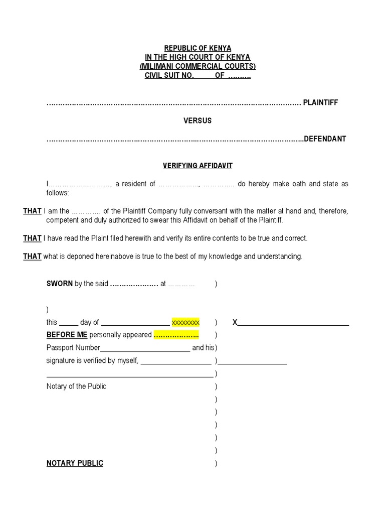 Kenya High Court Affidavit Template | PDF
