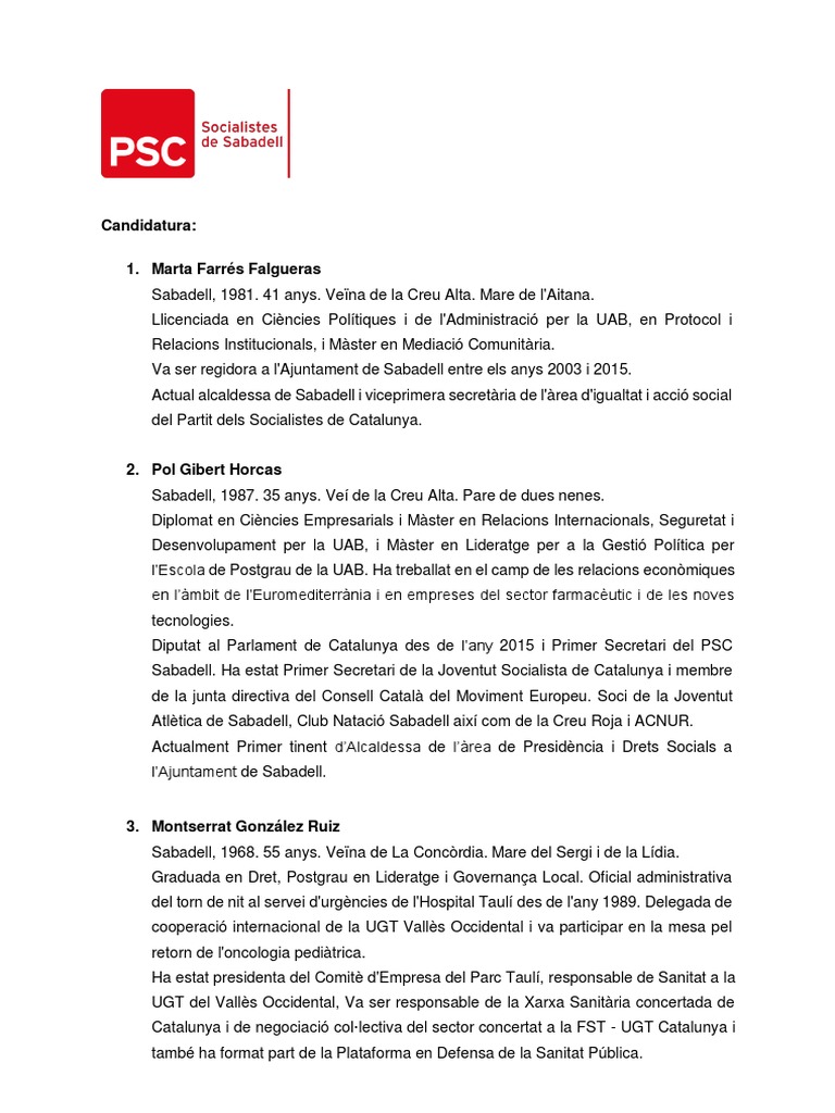 Llista Electoral PSC Sabadell A Les Eleccions Municipals 2023 | PDF