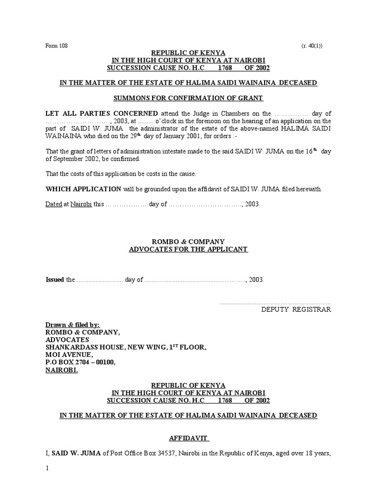 Summons for Grant Confirmation Kenya | PDF | Justice | Crime & Violence
