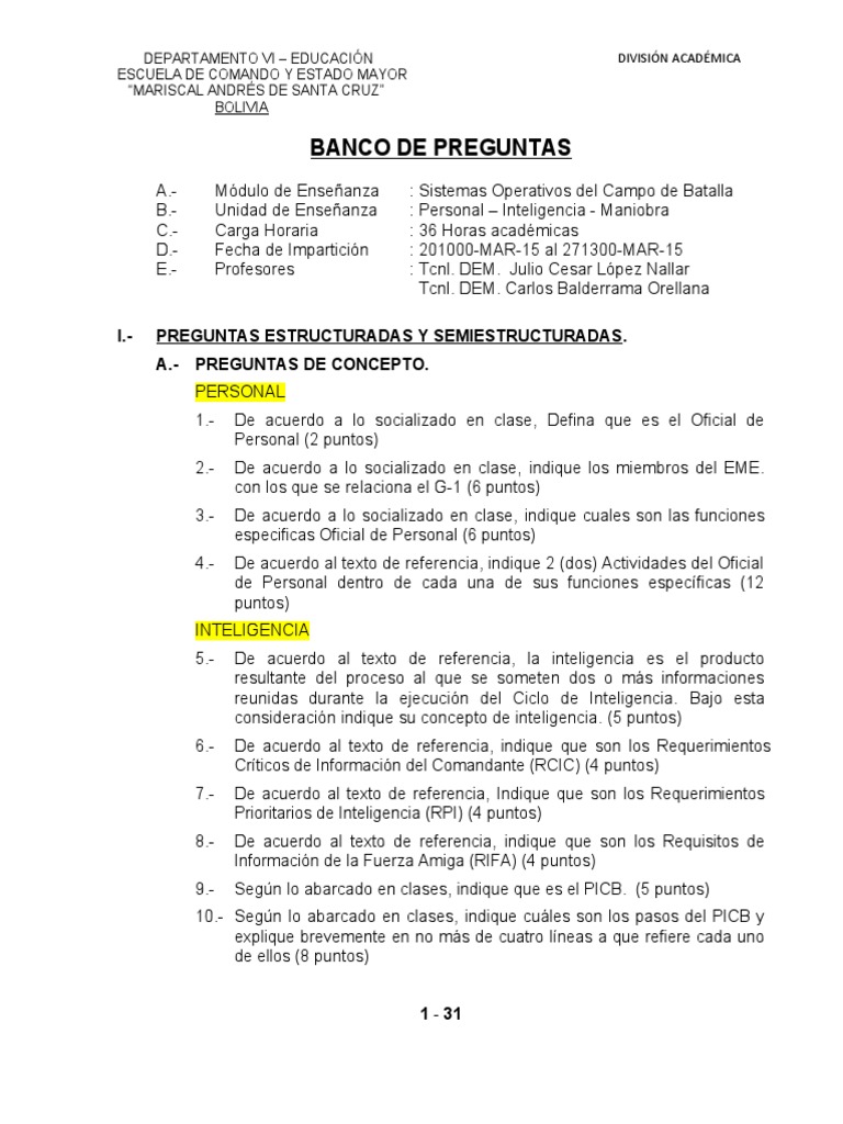 Banco de preguntas sobre conceptos clave de personal, inteligencia y maniobra para el Módulo de ...