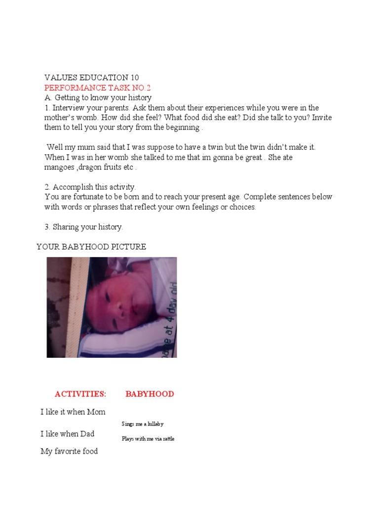Performance Task No.2: Activities: Babyhood | PDF