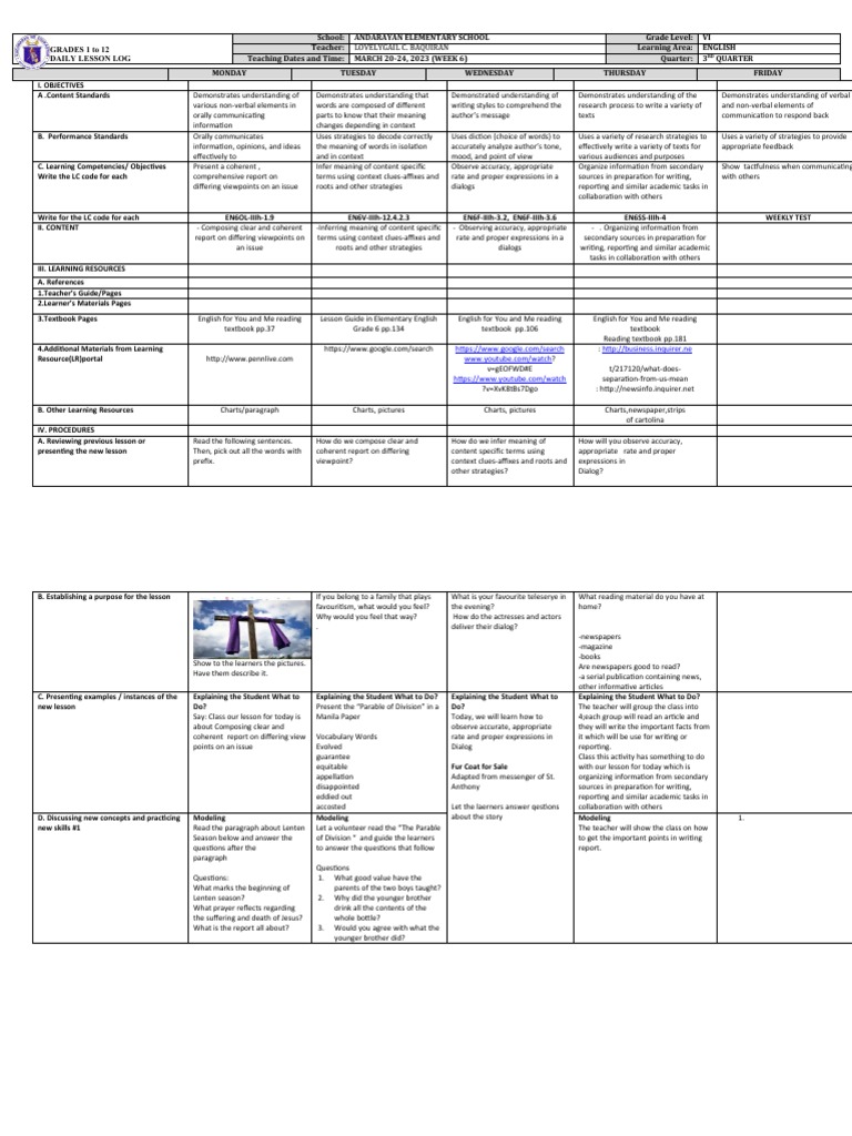 DLL - English 6 - Q3 - W6 | PDF | Learning | Nonverbal Communication DLL - English 6 - Q3 - W6 | PDF | Learning | Nonverbal Communication