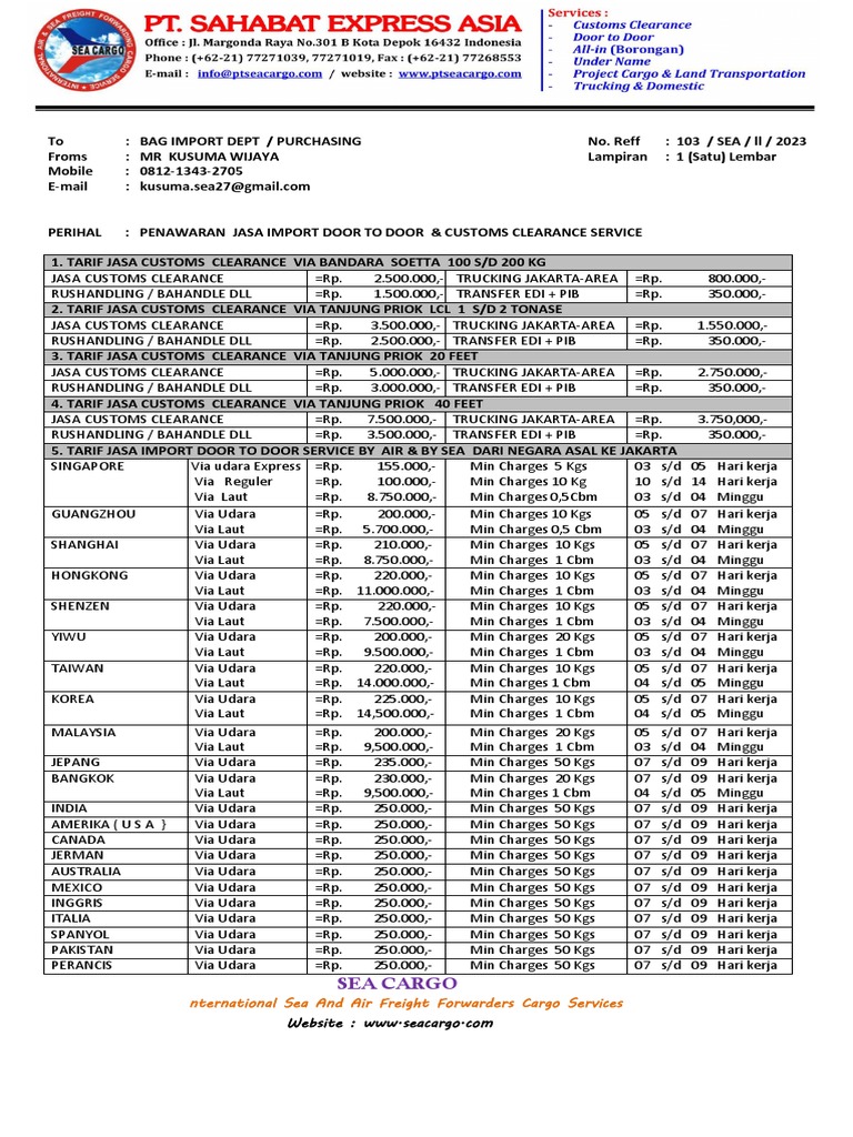 Penawaran Sea Cargo MR Kusuma | Download Free PDF | Freight Transport ...