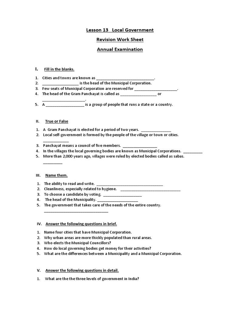 Local Government Revision Worksheet | PDF | Social Science