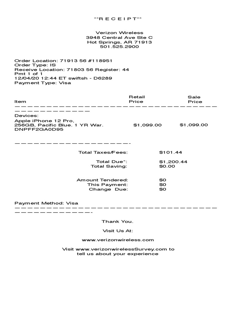 Verizon Wireless Receipt for iPhone 12 Pro | PDF