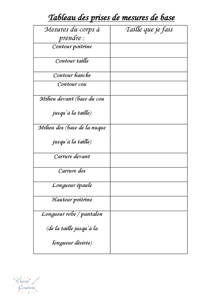 Tableau Des Prises de Mesures 2 | PDF