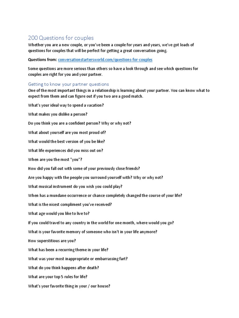 200 Questions For Couples PDF | Download Free PDF | Luck | Psychology