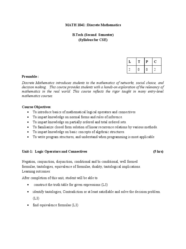 Discrete Mathematics Syllabus | PDF | Mathematics | Group (Mathematics)