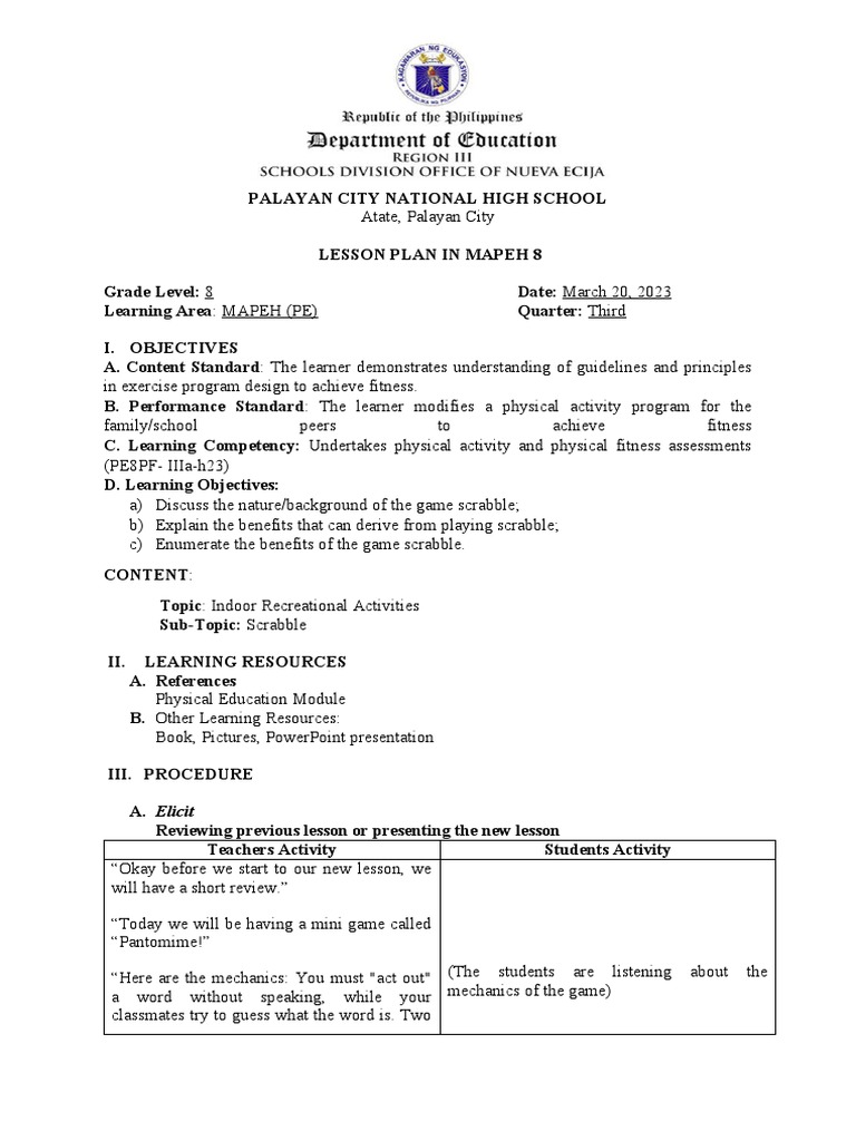 Grade 8 PE 3rd Quarter Lesson 1 | PDF | Teachers | Learning