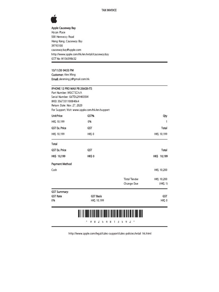 Apple Causeway Bay Invoice for iPhone 12 Pro Max | PDF