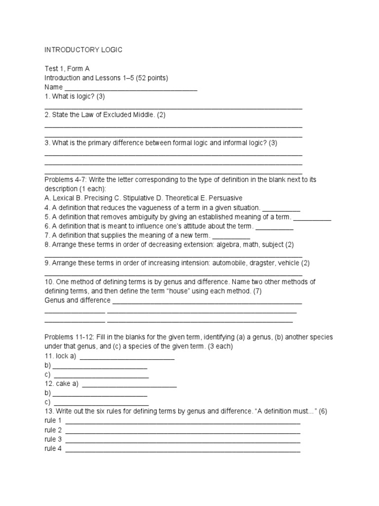 INTRODUCTORY LOGIC Test | PDF | Definition | Argument