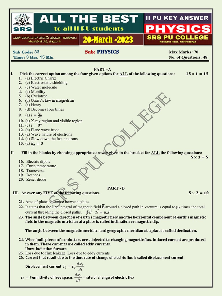 Ii Pu Physics Answerkeys SRS Pu College PDF | PDF | Photoelectric Effect | Rectifier