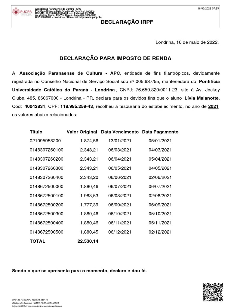 Declaracao Irpf 2021 | PDF | Pagamentos | Governo