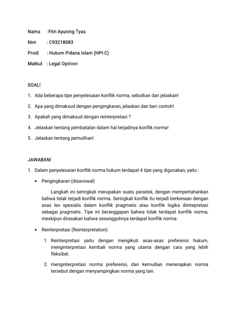 LO (Konflik Norma) - Fitri Ayuning Tyas - C93218083 PDF | PDF