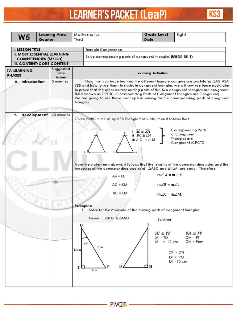 LeaP-Math-G8-Week 5-Q3 | PDF | Mathematics | Elementary Geometry