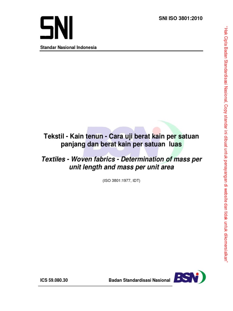 5607_SNI ISO 3801-2010(kain-cara uji berat persatuan panjang dan per satuan luas).pdf | PDF