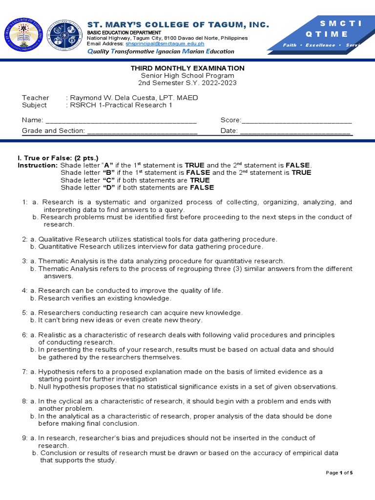 3rd Monthly Examination - RSRCH1 | PDF