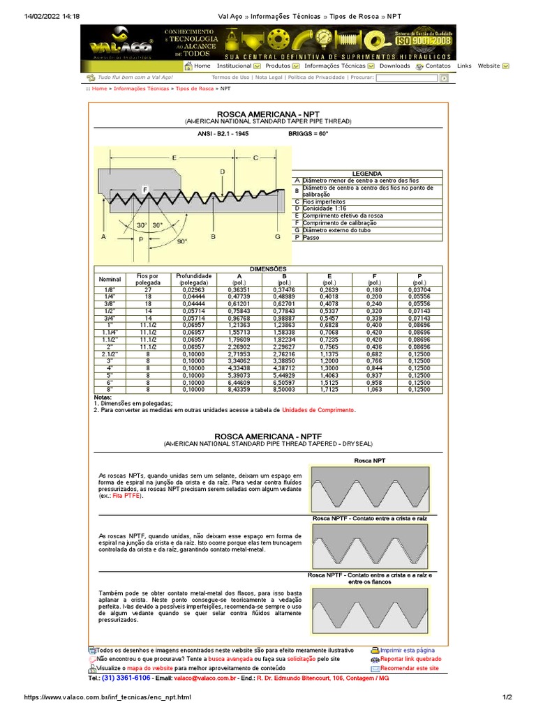 Val Aço Informações Técnicas Tipos de Rosca NPT | PDF